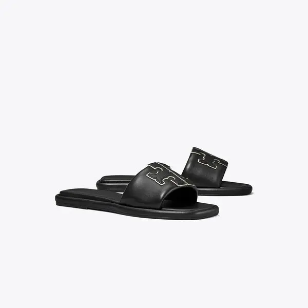 Tory Burch Double T Leather Slide - Perfect Black/gold