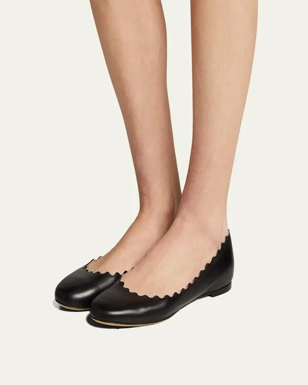 Chloé Lauren Scalloped Leather Ballet Flats - Black