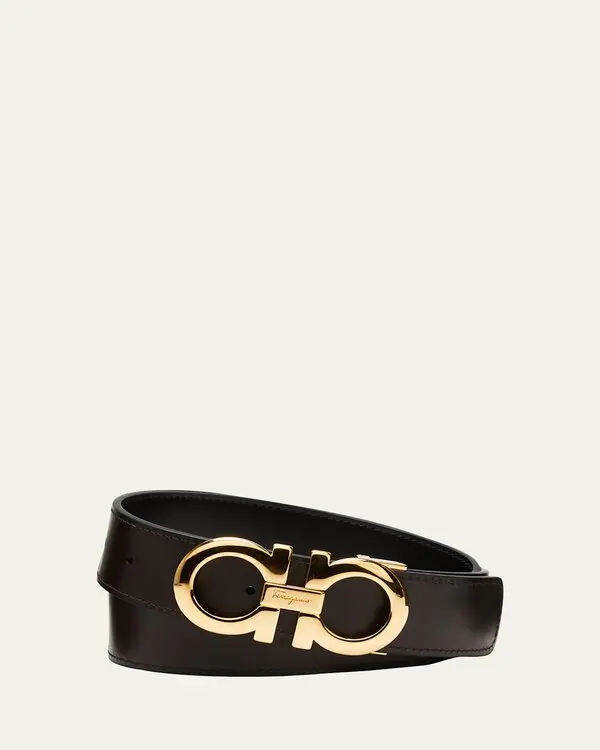 FERRAGAMO Reversible Double-gancini Leather Belt - Black