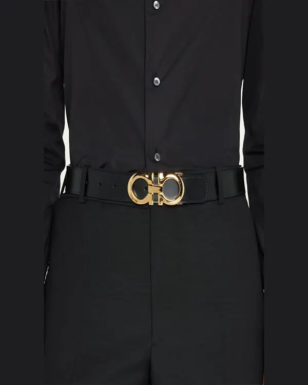 FERRAGAMO Reversible Double-gancini Leather Belt - Black