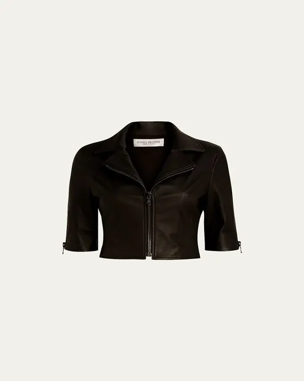 SUSAN BENDER Cropped Leather Moto Jacket - Black