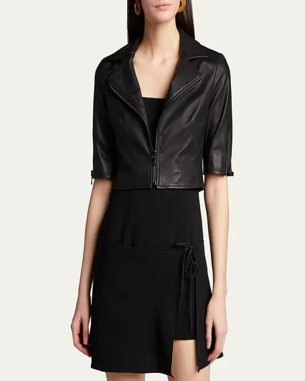 SUSAN BENDER Cropped Leather Moto Jacket - Black