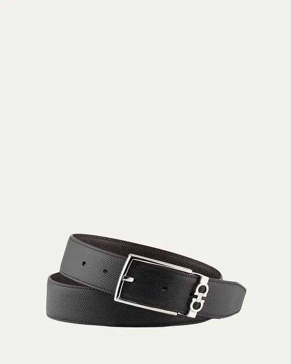 FERRAGAMO Reversible Textured Leather Belt With Classic Buckle - Black