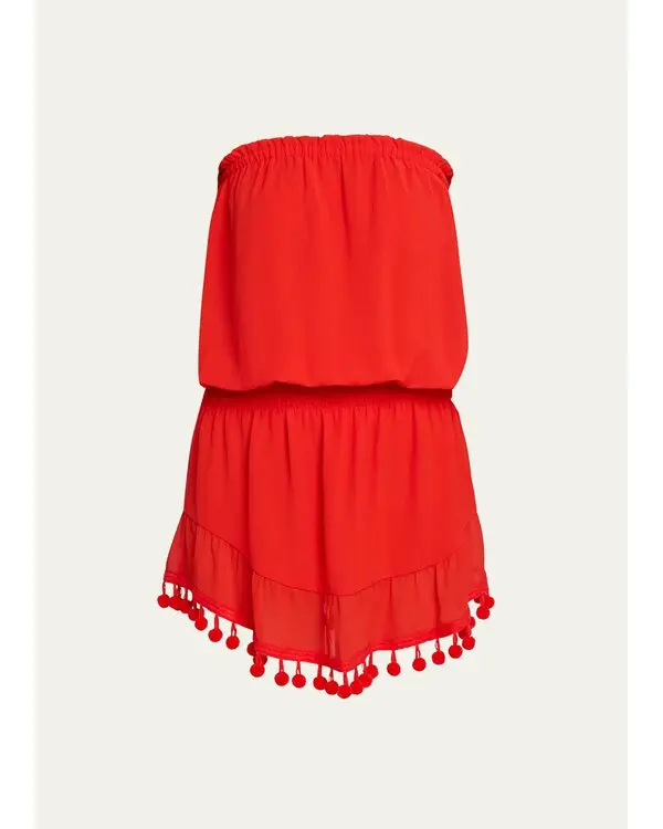 Ramy Brook Marcie Strapless Coverup Dress With Pompoms - Flame
