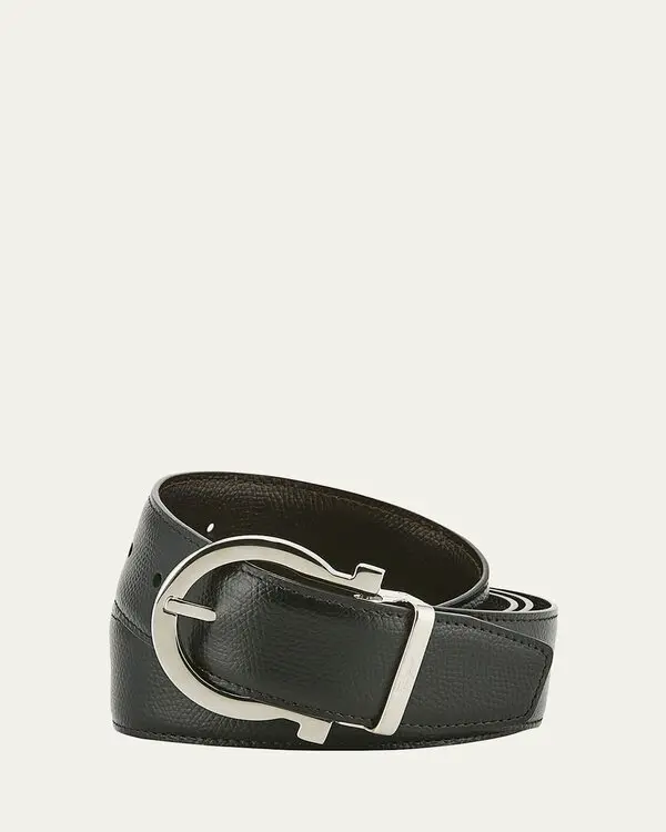 FERRAGAMO Stamped Leather Gancio Buckle Belt - Black/hickory