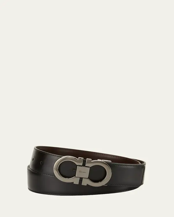 FERRAGAMO Reversible Leather Double Gancio Belt - Black/brown