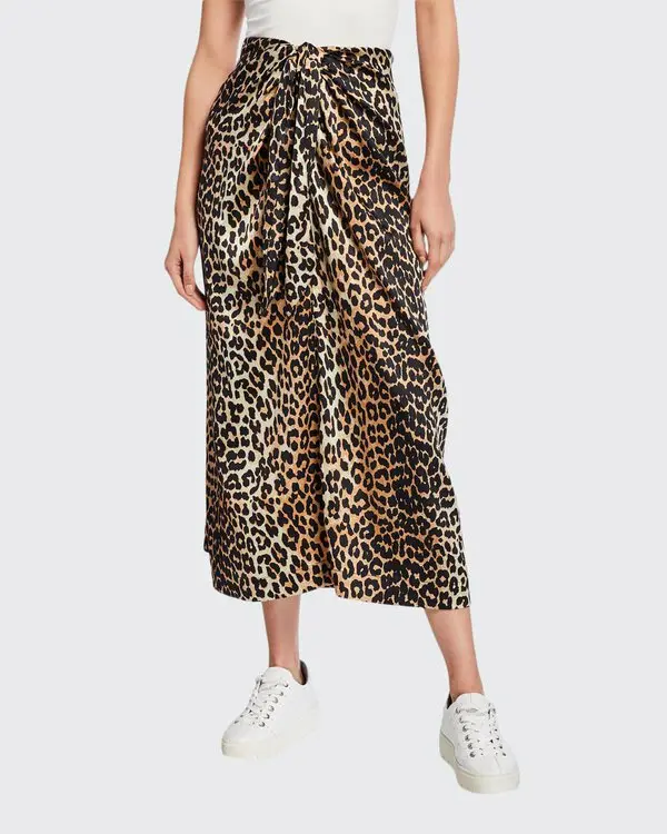 Ganni Stretch Satin -Print Long Sarong Skirt In Leopard 40% Off