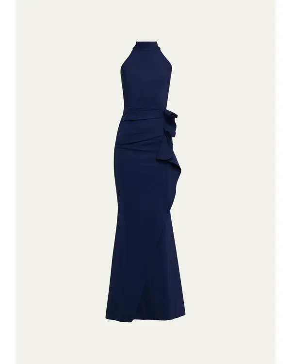 Chiara Boni La Petite Robe Side Ruched Halter Gown With Ruffle - Navy