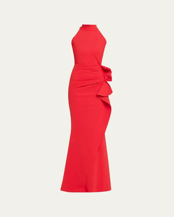 Chiara Boni La Petite Robe Side Ruched Halter Gown With Ruffle - Passion