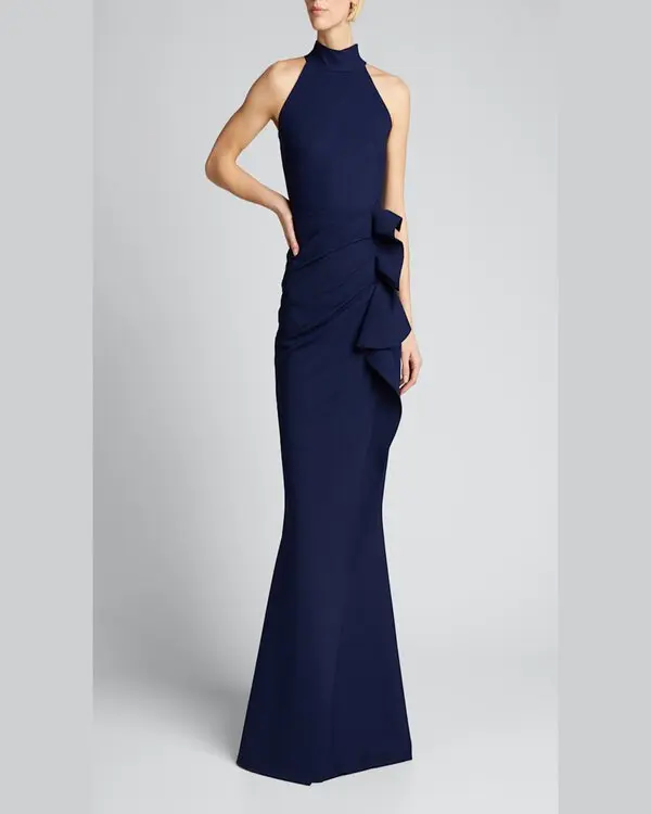 Chiara Boni La Petite Robe Side Ruched Halter Gown With Ruffle - Passion