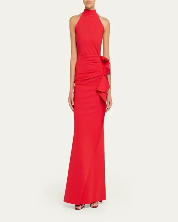 Chiara Boni La Petite Robe Side Ruched Halter Gown With Ruffle - Passion