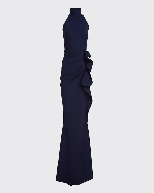 Chiara Boni La Petite Robe Side Ruched Halter Gown With Ruffle - Passion