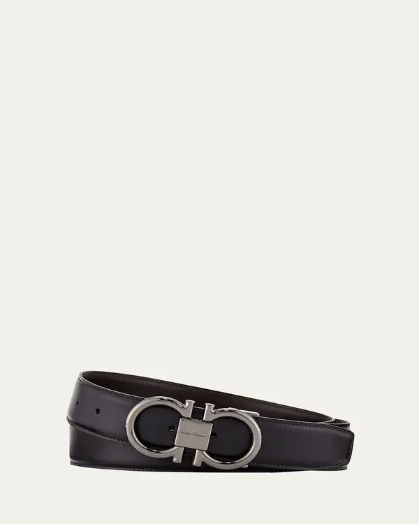 FERRAGAMO Double Gancini Reversible Leather Belt - Black