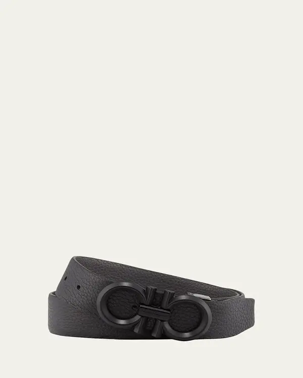 FERRAGAMO Reversible Textured Leather Belt With Gancini Buckle - Black