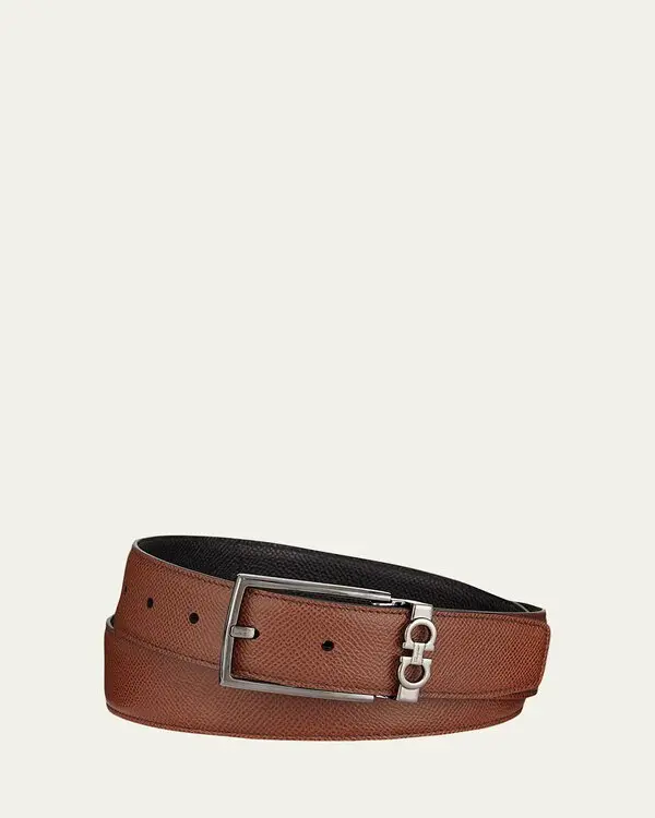 FERRAGAMO Textured Leather Belt With Gancini Buckle - Beige
