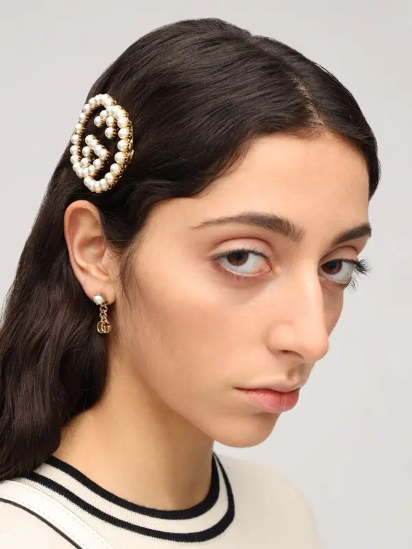 Gucci Interlocking G Faux Pearl Hair Clip - White,Gold  display picture 2