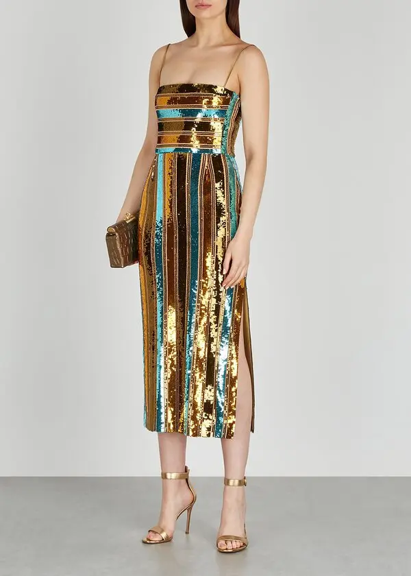 Galvan Stargaze Striped Sequin Midi Dress In Gold - 51% Off | Editorialist