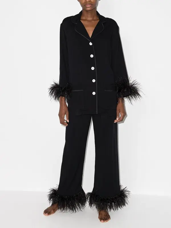 Sleeper Feather Detail Pajama Set - Black