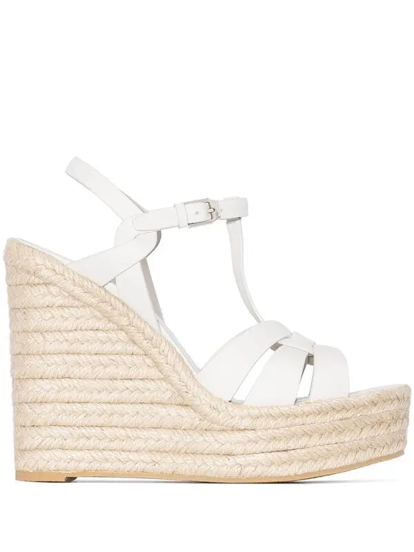 Saint Laurent Tribute 85mm Leather Espadrille Wedges - White