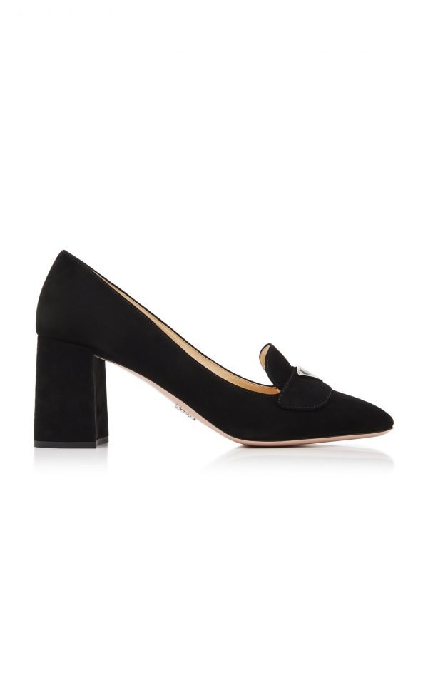 Prada Logo Suede Blockheel Pumps Black Editorialist