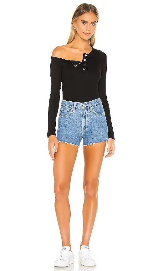 THE LINE BY K Harley Ribbed Jersey Top With Button Placket - Black