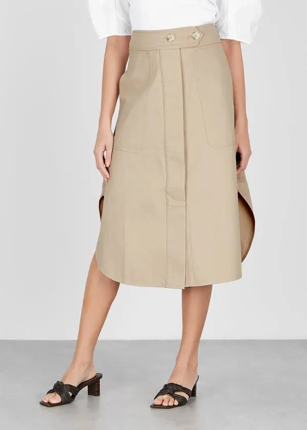Lee Mathews Workroom Sand Twill Midi Skirt Beige Editorialist