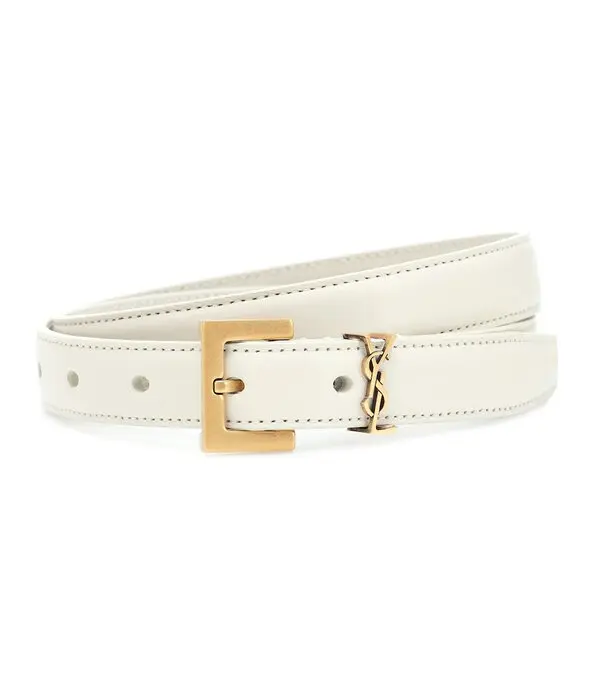 Saint Laurent Cassandre Slim Leather Belt - White