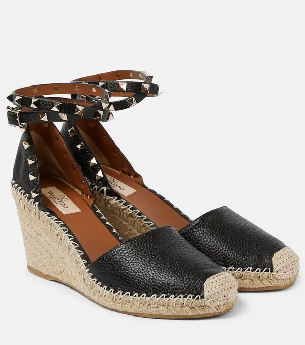 Valentino Garavani Rockstud Double Leather Wedge Espadrilles - Black
