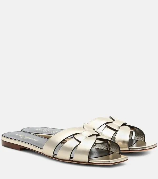Saint Laurent Tribute Nu Pieds Leather Slides - Gold
