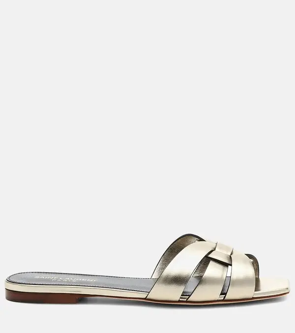 Saint Laurent Tribute Nu Pieds Leather Slides - Gold