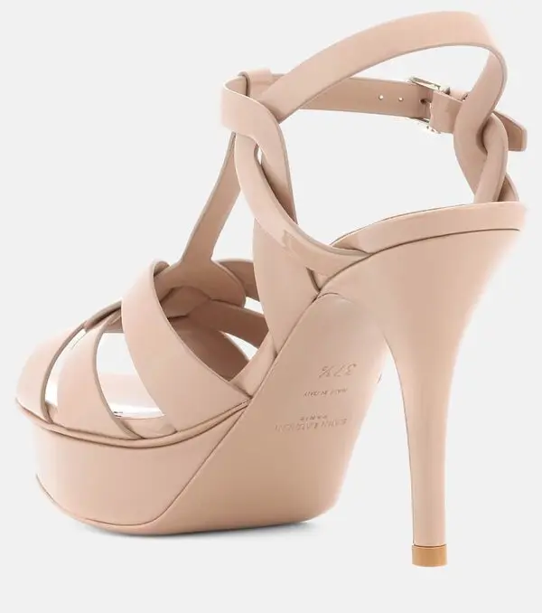 Saint Laurent Tribute 105 Patent Leather Platform Sandals - Beige