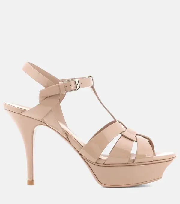 Saint Laurent Tribute 105 Patent Leather Platform Sandals - Beige