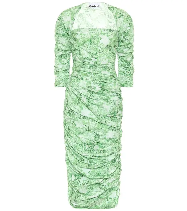 Ganni Floral Cotton-Poplin Midi Dress In Green - 30% Off | Editorialist