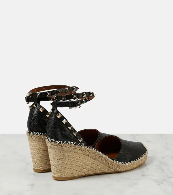 Valentino Garavani Rockstud Double Leather Wedge Espadrilles - Black