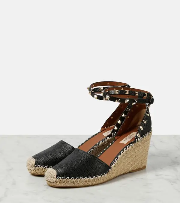 Valentino Garavani Rockstud Double Leather Wedge Espadrilles - Black