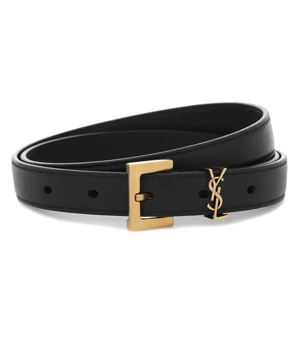 Saint Laurent Cassandre Slim Leather Belt - Black