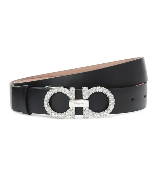 FERRAGAMO Gancini Embellished Leather Belt - Black