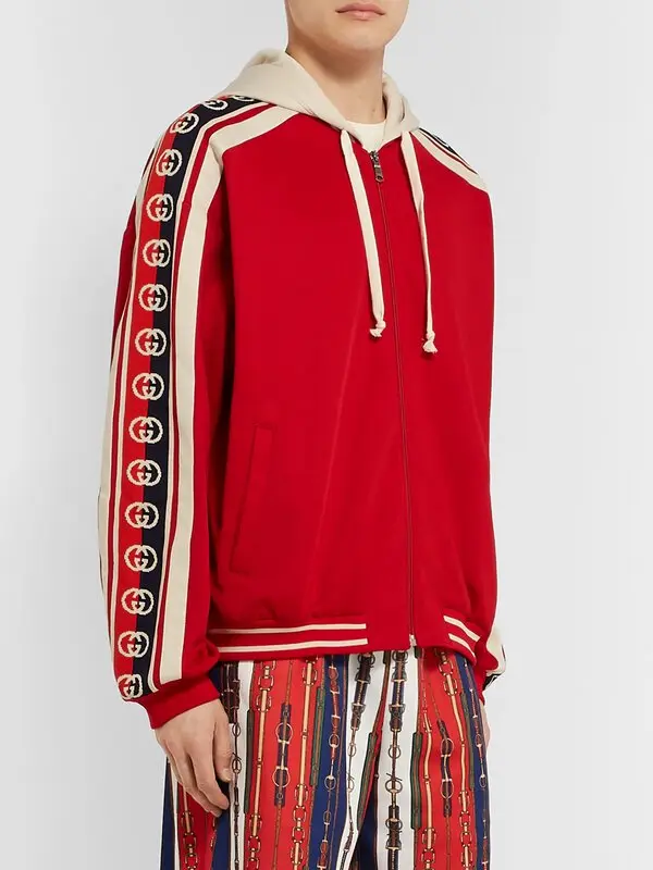Gucci Webbing-Trimmed Tech-Jersey Zip-Up Hoodie - Red