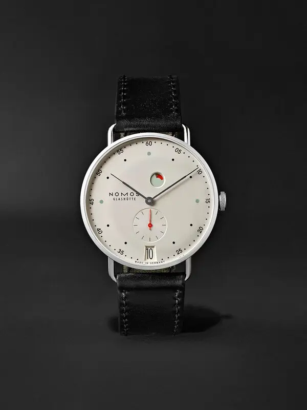 NOMOS GLASHUTTE Metro Datum Gangreserve 37mm Stainless Steel And Leather Watch - White