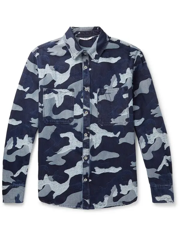 Valentino Garavani Distressed Camouflage-jacquard Denim Overshirt