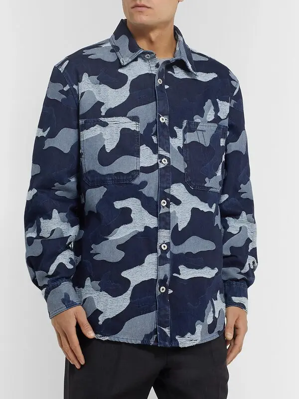 Valentino Garavani Distressed Camouflage-jacquard Denim Overshirt