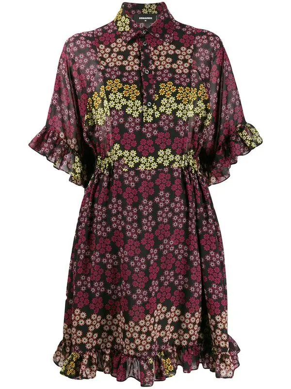 Dsquared2 Floral Print Silk Blend Shirt Dress - Black