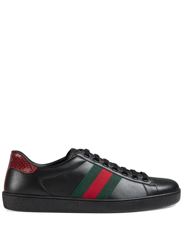 Gucci Ace Leather Sneakers With Signature Web Detailing - Black