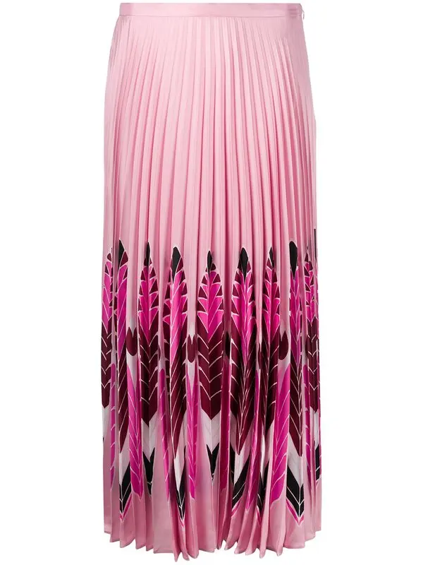 Valentino Garavani Feather Print Pleated Midi Skirt - Pink