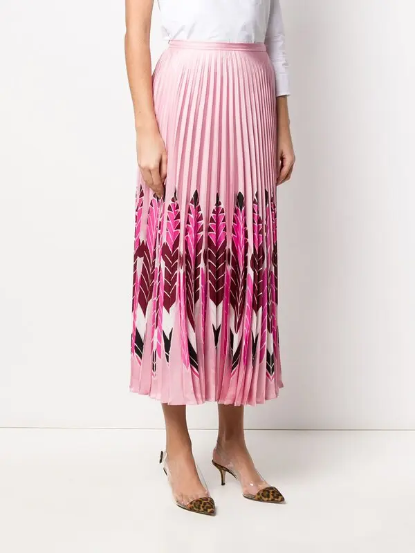 Valentino Garavani Feather Print Pleated Midi Skirt - Pink