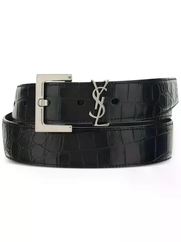 Saint Laurent Monogram Crocodile-embossed Belt - Black
