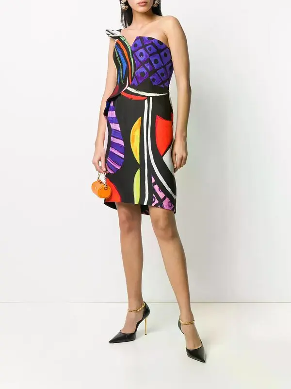 Moschino Abstract Print One Shoulder Fitted Dress - Black