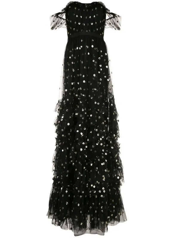 slim fit dress slacks Lilly Black Gold Foil Print Puff Sleeve Midi Dress