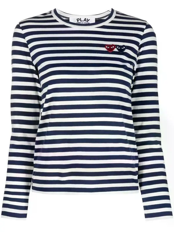 Play Comme Des Garcon Double Heart Logo Striped T-shirt - Blue