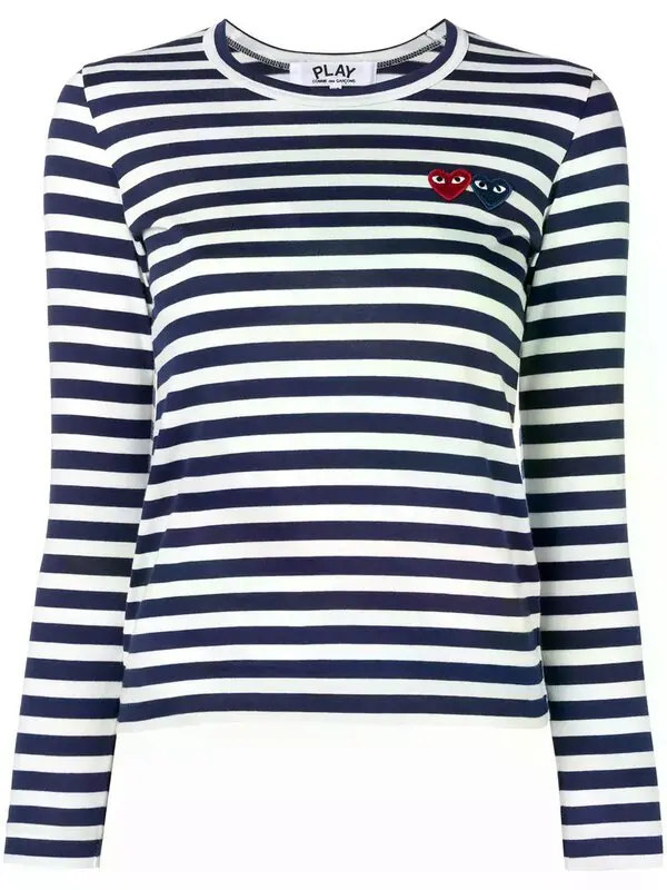 Play Comme Des Garcon Double Heart Logo Striped T-shirt